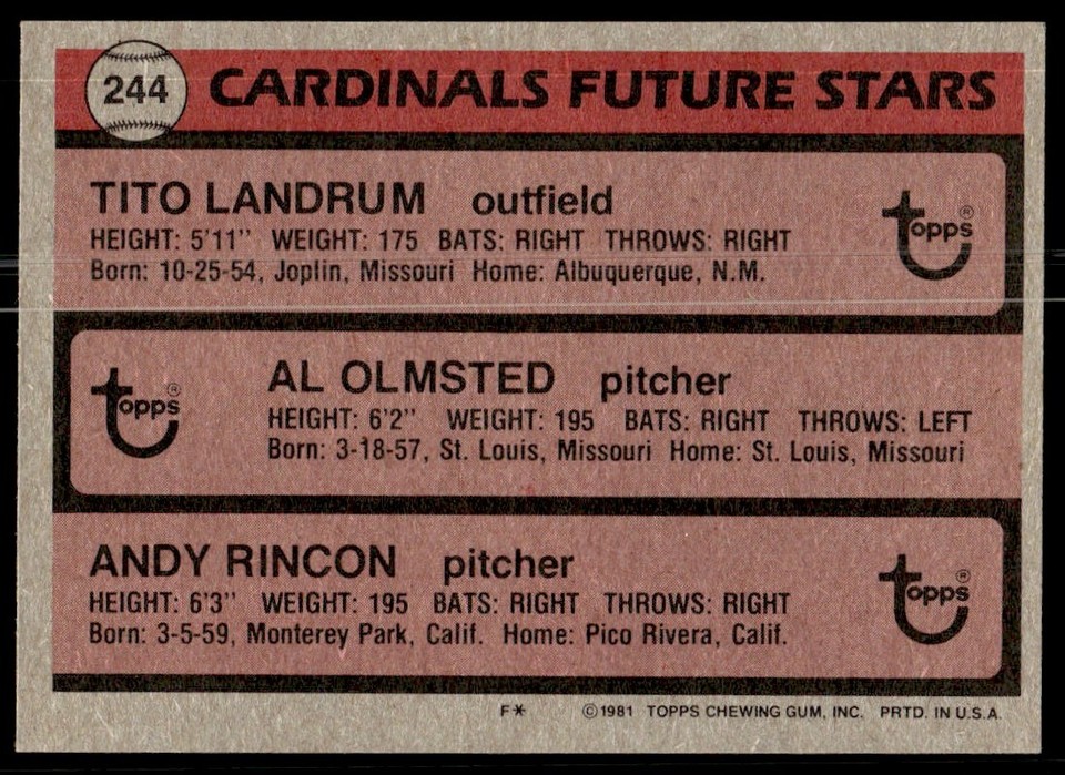 1981 Topps Cardinals Future StarsTito Landrum/Al Olmsted/Andy Rincon ...