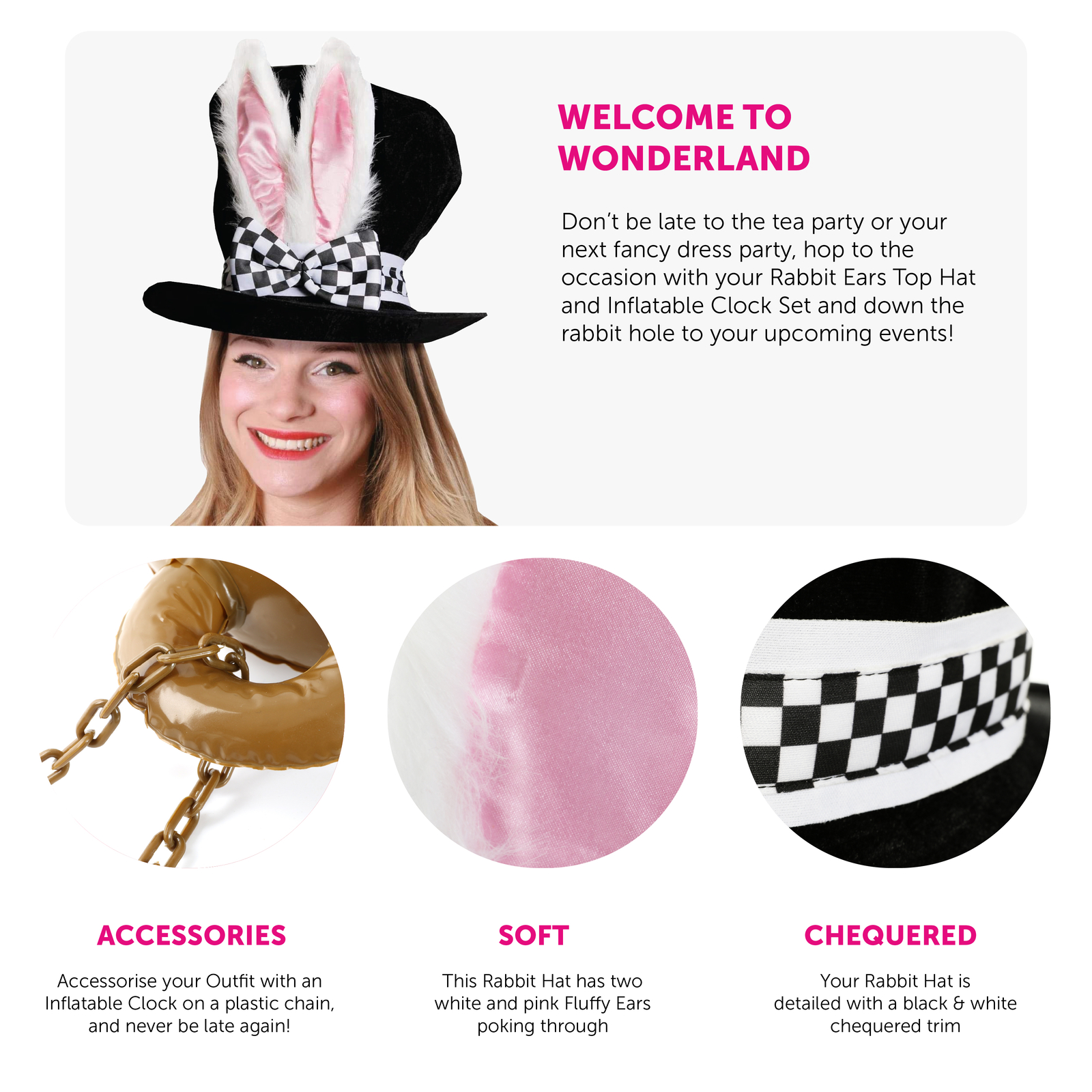 WHITE RABBIT EAR BLACK TOP HAT + WATCH CLOCK WONDERLAND BUNNY BOOK ...