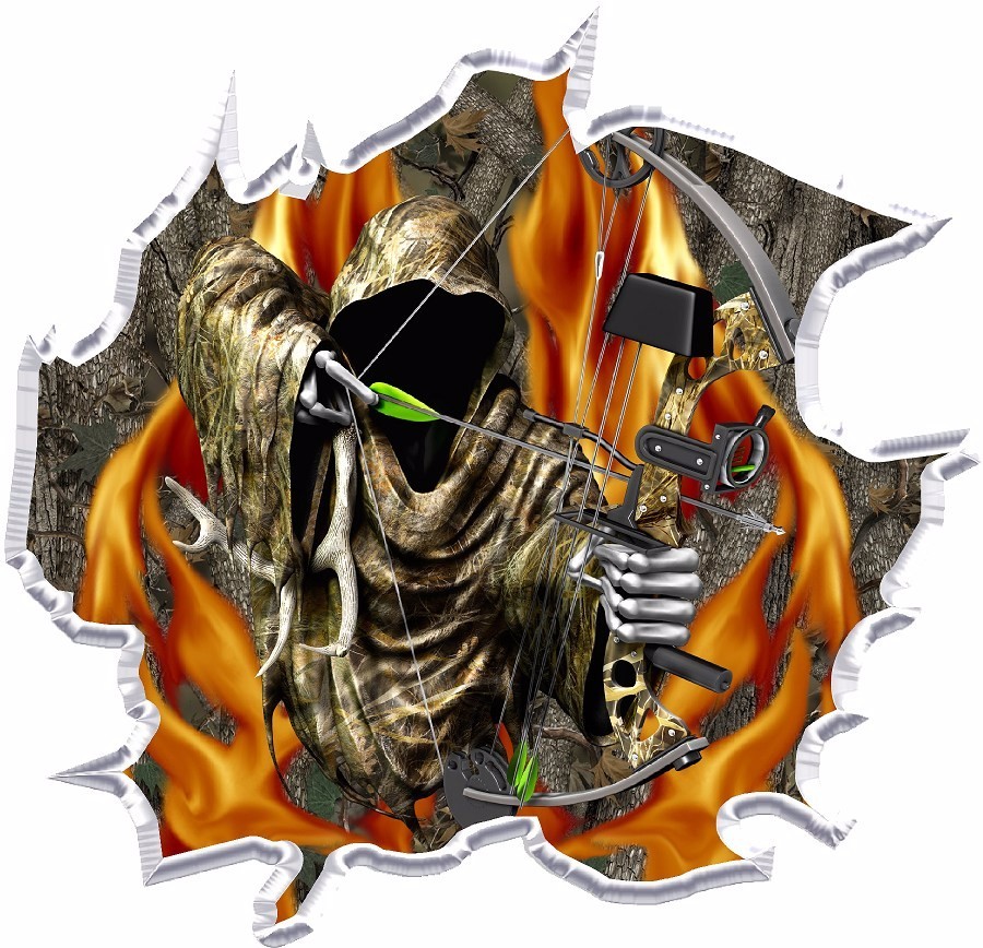 Ripped forest camo flame fire grim reaper bow hunter hood vinyl graphic ...