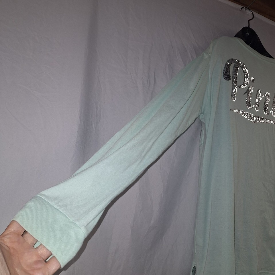 Victorias Secret Pink XS Mint Long Sleeve V-Neck Shirt Sequined Logo ...