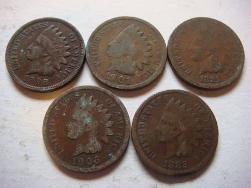 Lot of 5 Indian Head U.S cent Coins nice old coins (1881,82,98,1901,05 ...