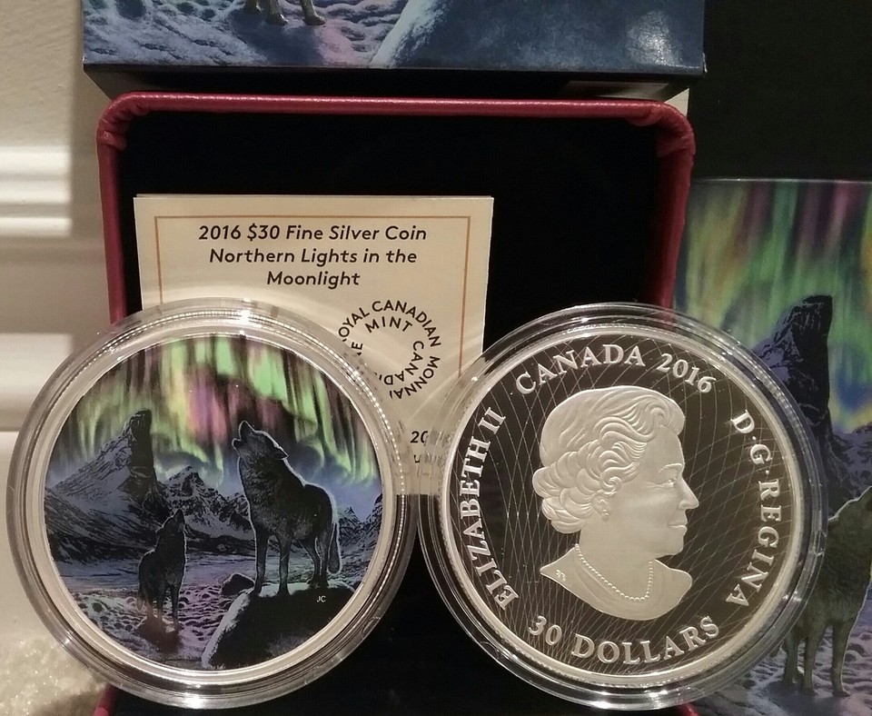 2016 Northern Lights Moonlight Wolf $30 2OZ Pure Silver Coin Canada ...