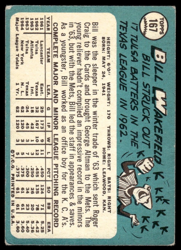 1965 Topps Bill Wakefield X New York Mets #167 | eBay