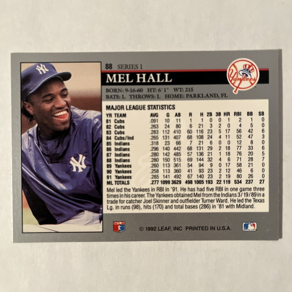 1992 Leaf New York Yankees Baseball Card #88 Mel Hall MLB Mint | eBay