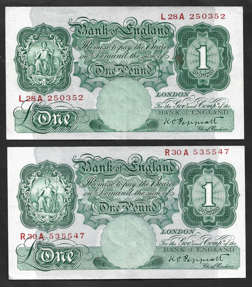 6 X BRITISH BANK OF ENGLAND GREEN ONE POUND BANKNOTES HIGH GRADES NOTED ...