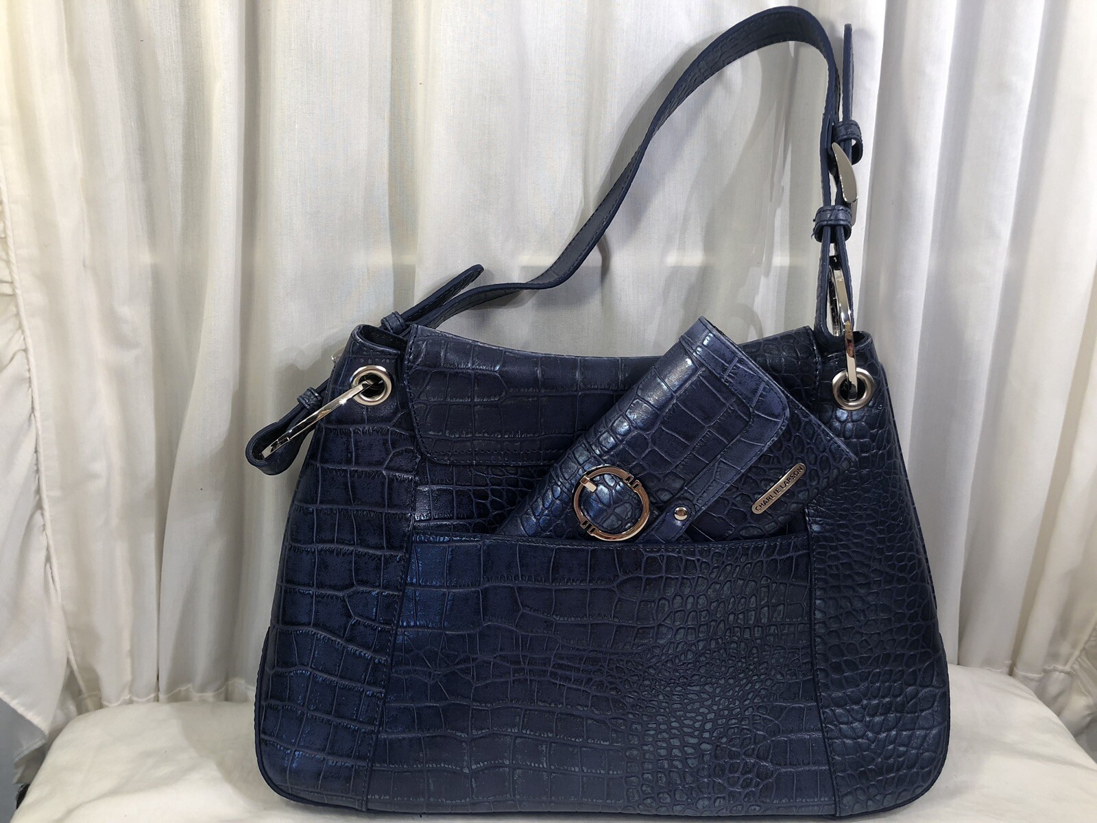 CHARLIE LAPSON CROC EMBOSSED LEATHER PURSE HANDBAG SATCHEL WALLET BLUE ...