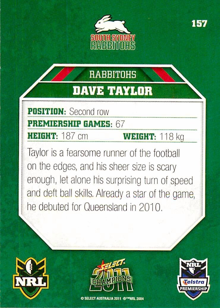 New 2011 SOUTH SYDNEY RABBITOHS NRL Card DAVE TAYLOR | eBay