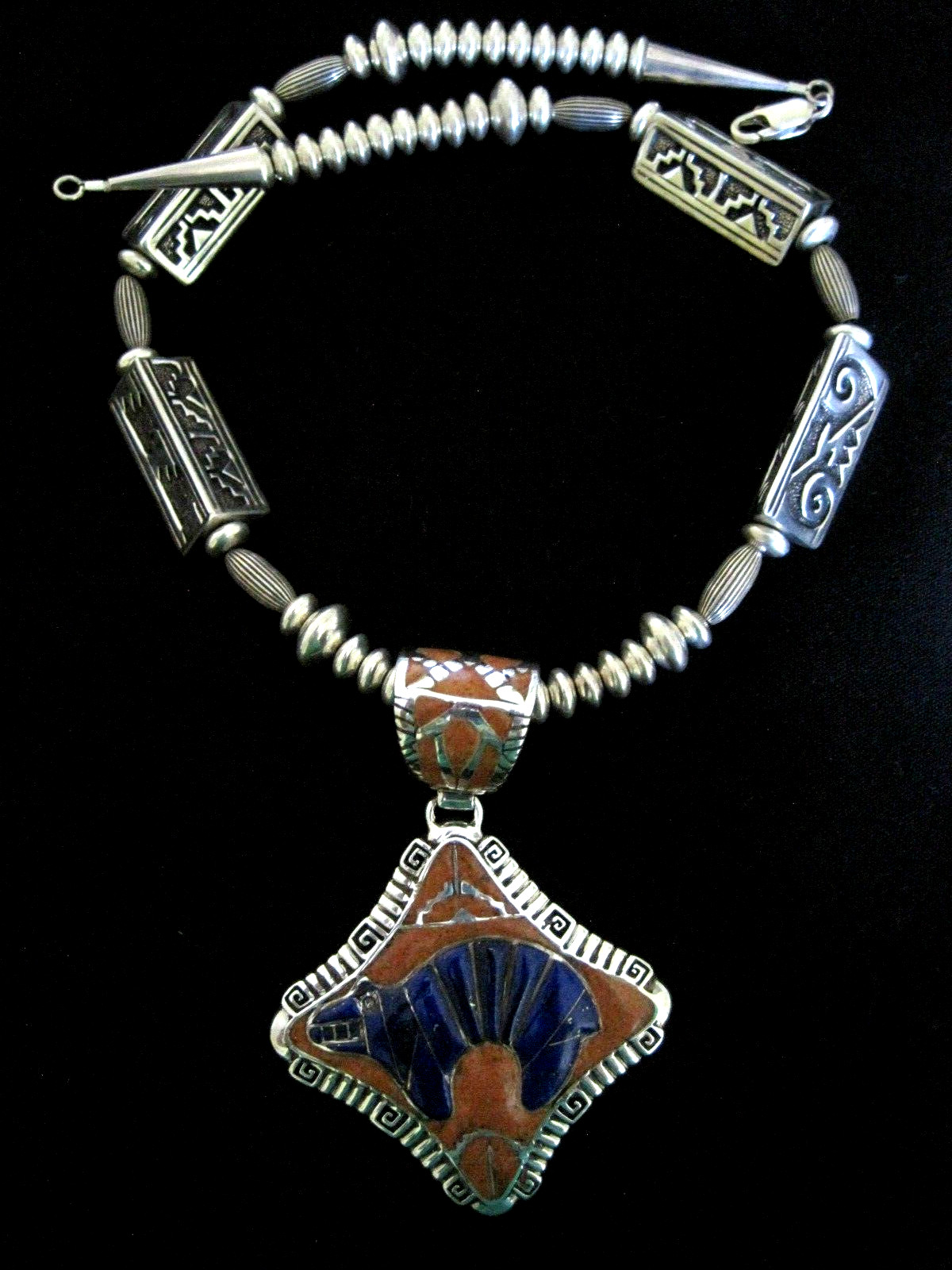 Opulent Vintage Hopi Lapis/Coral/Silver Necklace Bear… - Gem