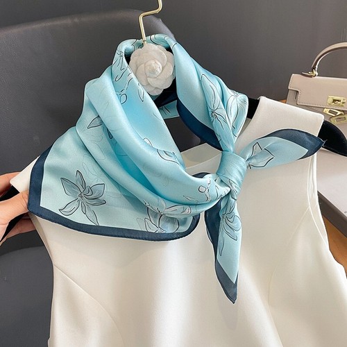 100% Silk Small Scarf Square 20'' Bandana Light Blue Flower Neckerchief ...