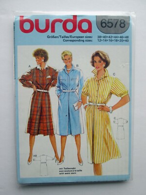 NEW Vintage BURDA Sewing Pattern Dress Collared Button Knee Long Pleat ...