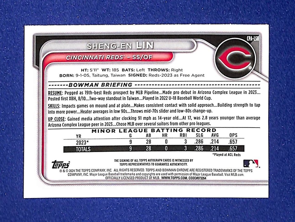 2024 Bowman Chrome Sheng-En Lin Auto /100 1st Mini-Diamond Refractor # ...