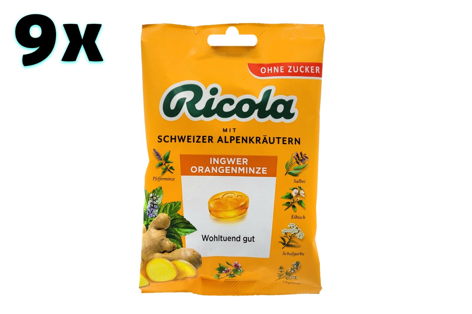 9x bags RICOLA Ginger Orange Mint 🍬 Swiss cough throat drops lozenges ...