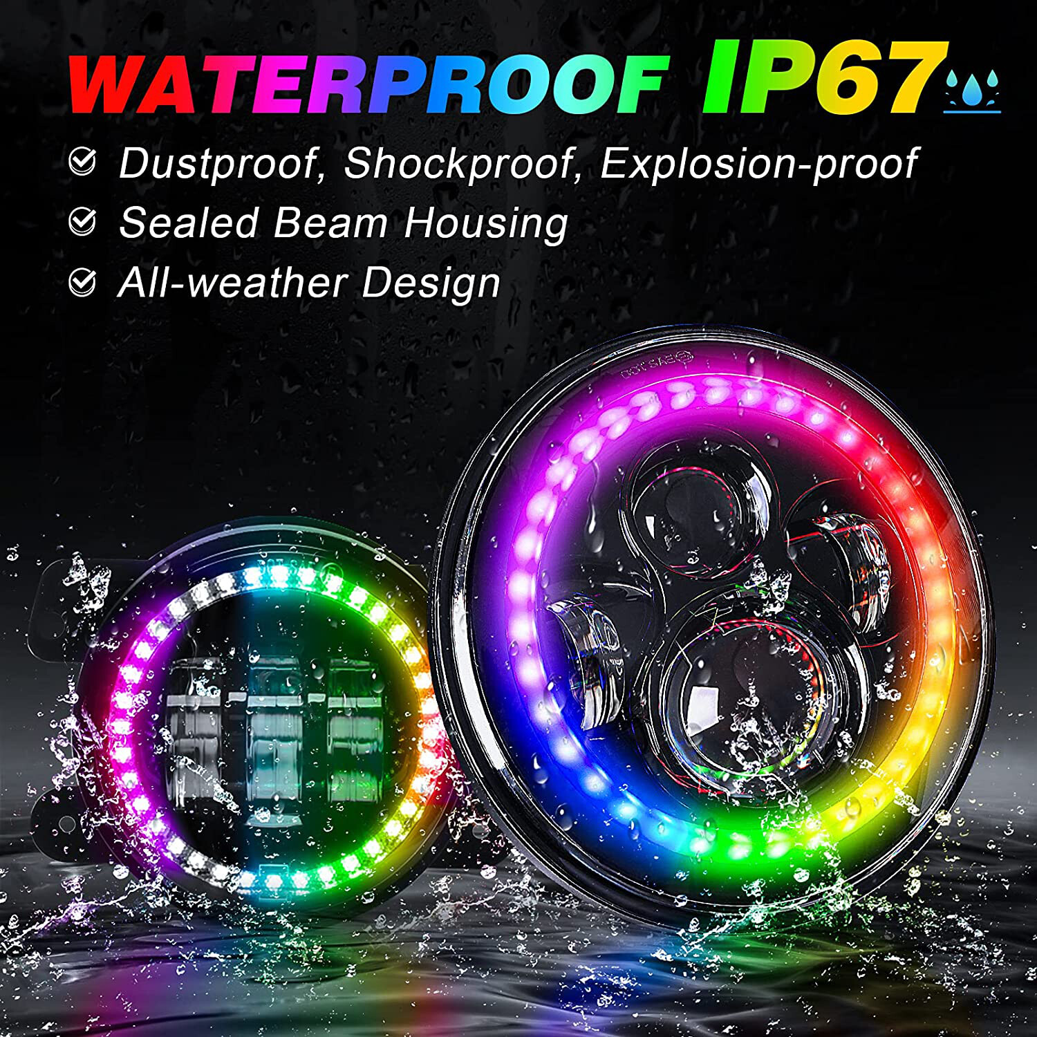 Pair 7" RGB LED Halo APP Headlights +4" Fog Light Combo Kit for Jeep ...