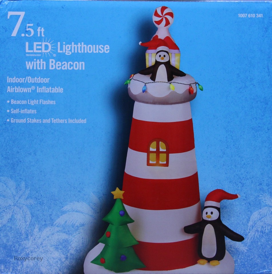 Gemmy 7.5 ft Lighthouse with Beacon Penguins Christmas Airblown ...