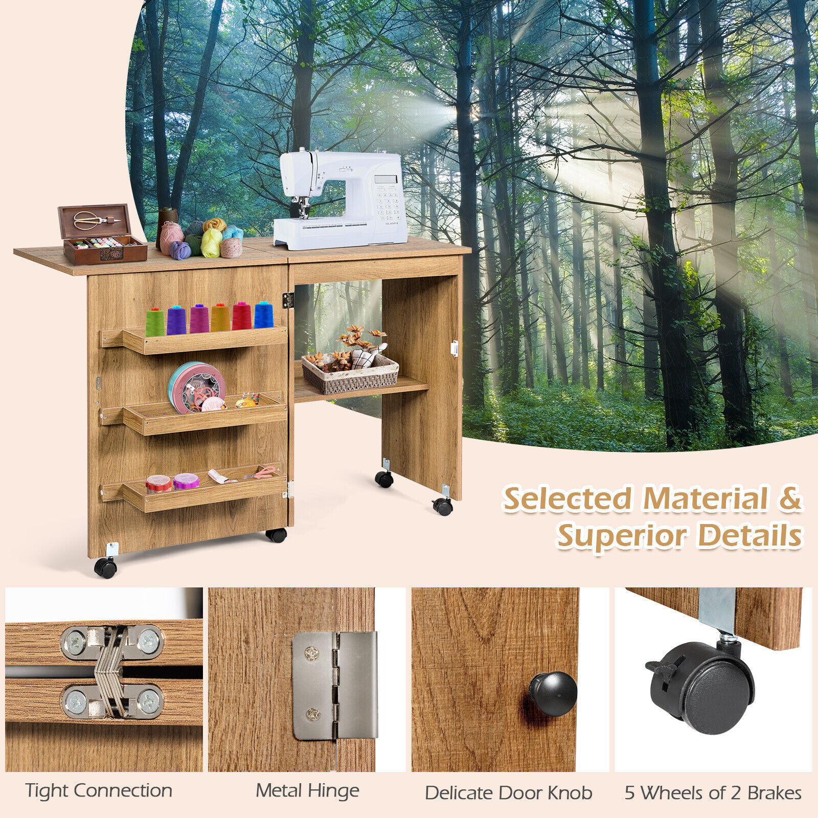 2-In-1 Folding Sewing Table Rolling Craft Table Movable Sewing Desk w ...