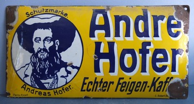 Altes, originales Emailschild, ANDRE HOFER, ECHTER FEIGEN-KAFFEE, Ferro ...