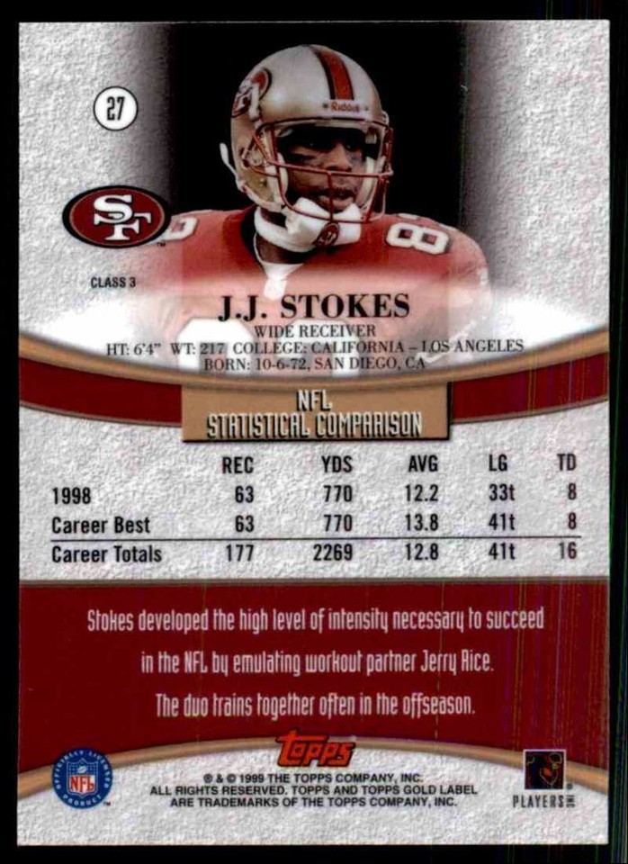 1999 Topps Gold Label Class 3 J.J. Stokes #27 | eBay