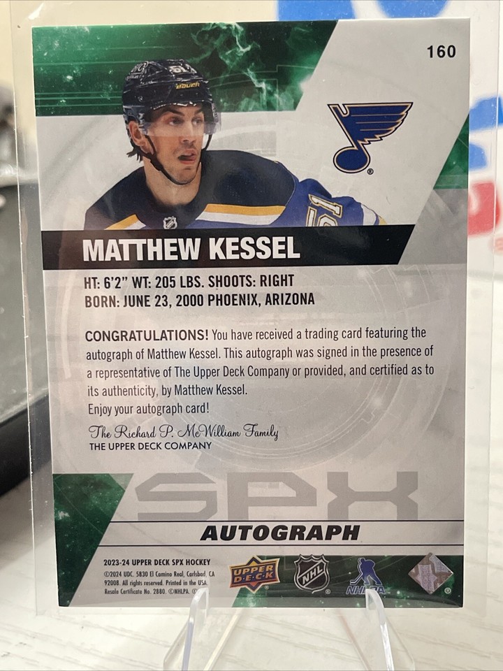 2023-24 Upper Deck Spx Matthew Kessel Rookies Auto Card 160 St. Louis ...