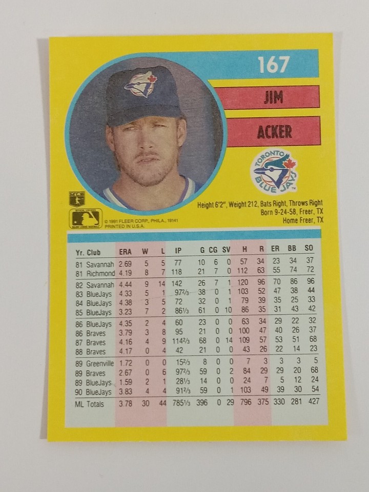 1991 Fleer MLB Baseball Toronto Blue Jays #167 Jim Acker | eBay