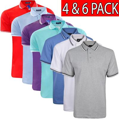 4,6 Pack Mens Plain Tipped Polo T Shirt Tipping Collar With Pocket ...