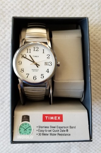 NIB Timex Silver Tone EZ Reader Indiglo Date Watch Expand Band 6"-8 ...