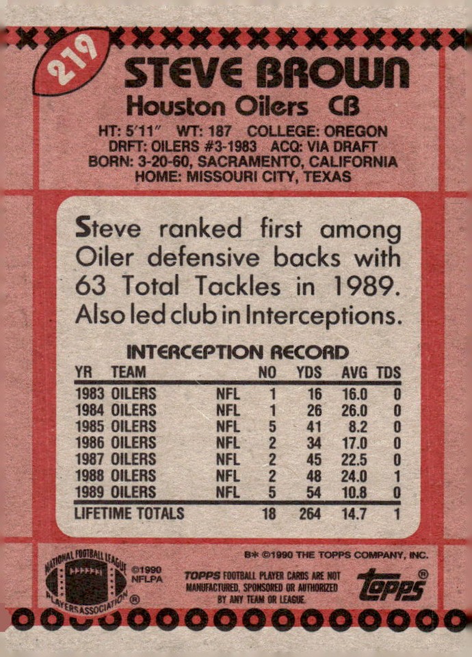 1990 Topps #219a Steve Brown - Houston Oilers | eBay