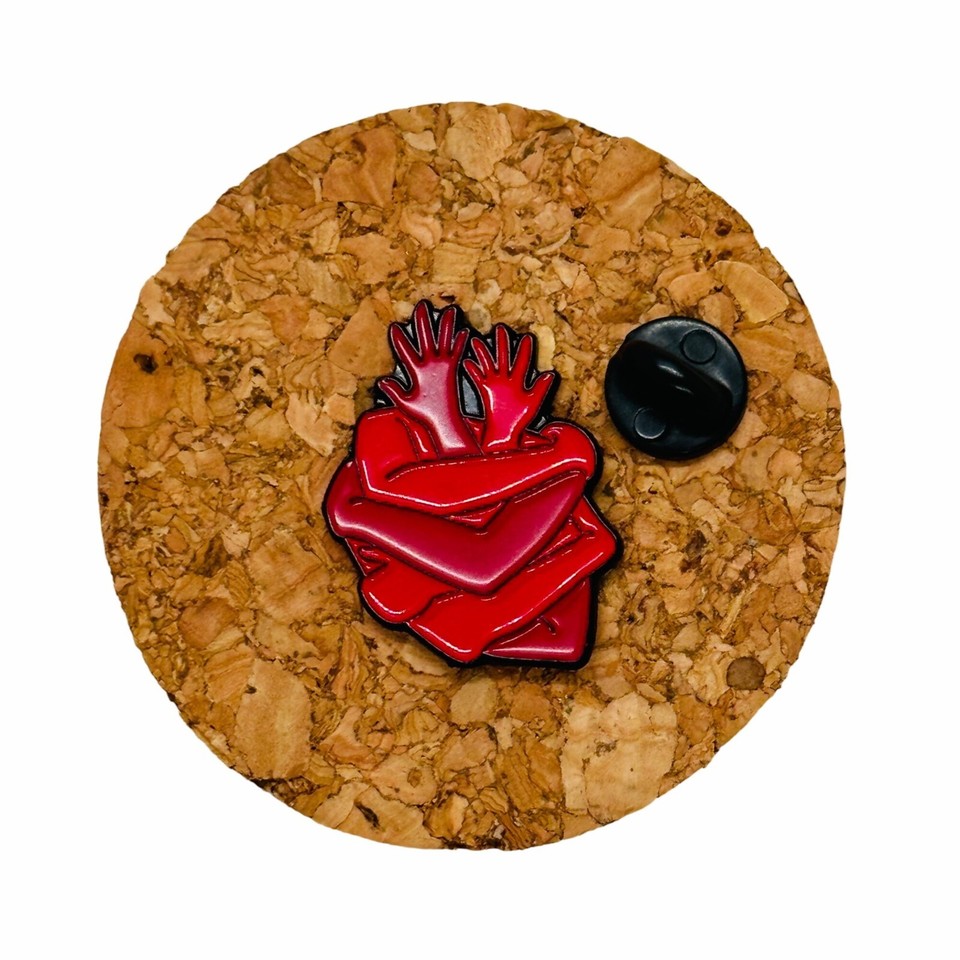 ☀️Red Enamel Pin Arms Hugging Heart Shape Lapel Pin Heart & Hands Red ...