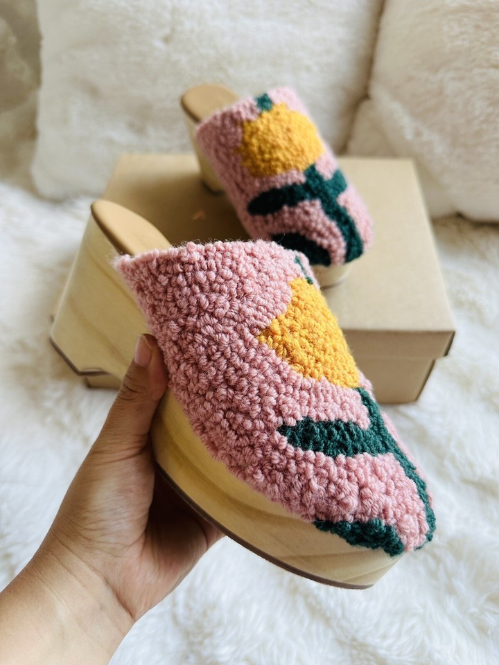 Anthropologie Emily Isabella Pink Floral Wood Clogs WOOL Size 36/5.5 ...