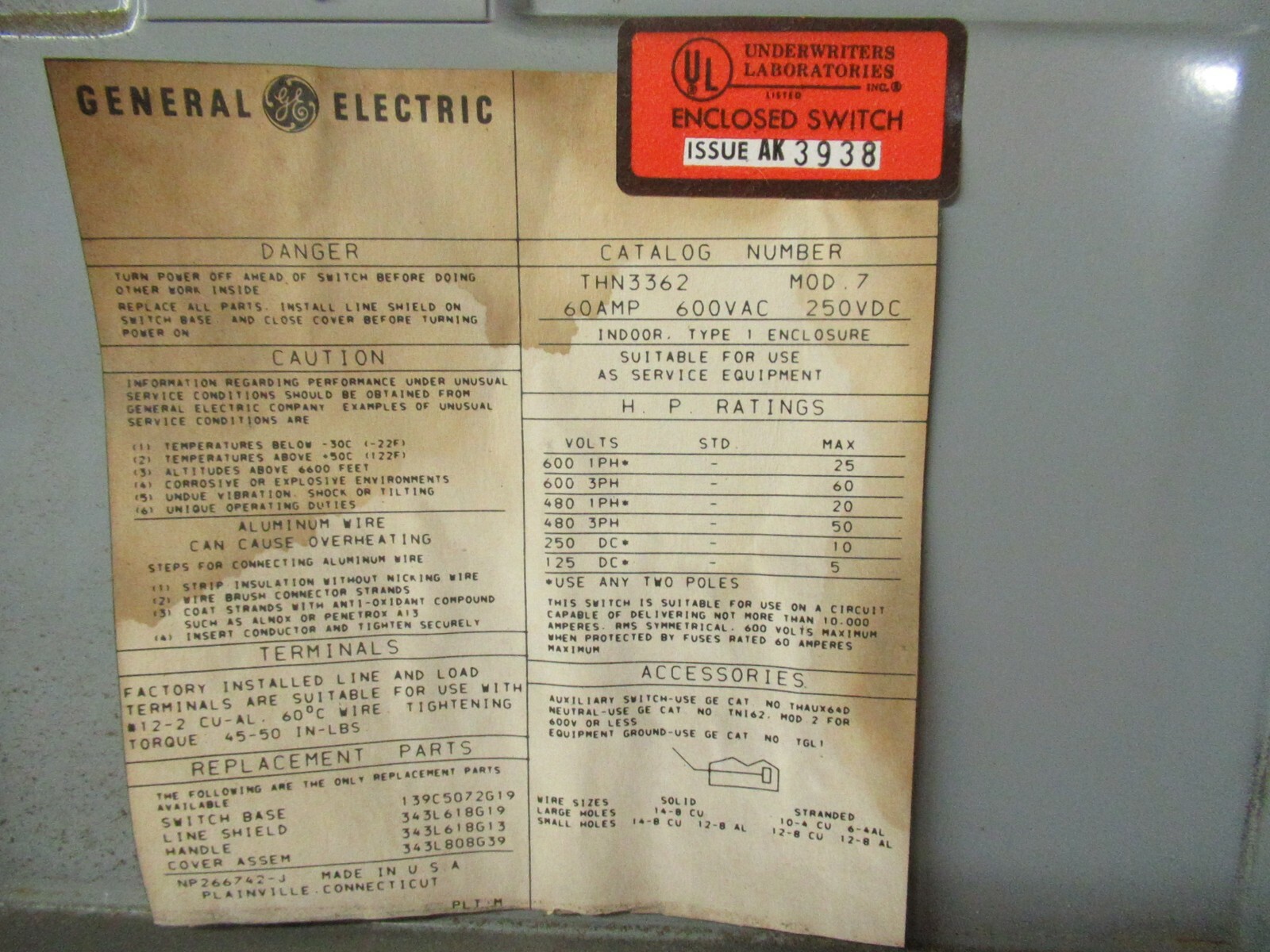 GE THN3362 Disconnect Model 7 60 Amp 600 Volt 3PH3W Non Fused NEMA 1 ...