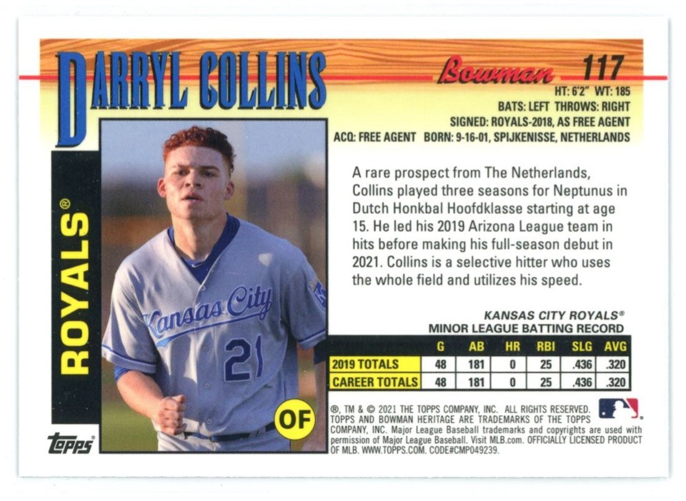 2021 Bowman Heritage Chrome Darryl Collins Kansas City Royals #117 | eBay