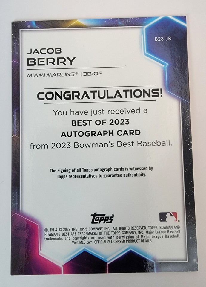 2023 Bowman's Best JACOB BERRY Best of 2023 AUTO B23-JB Marlins ...