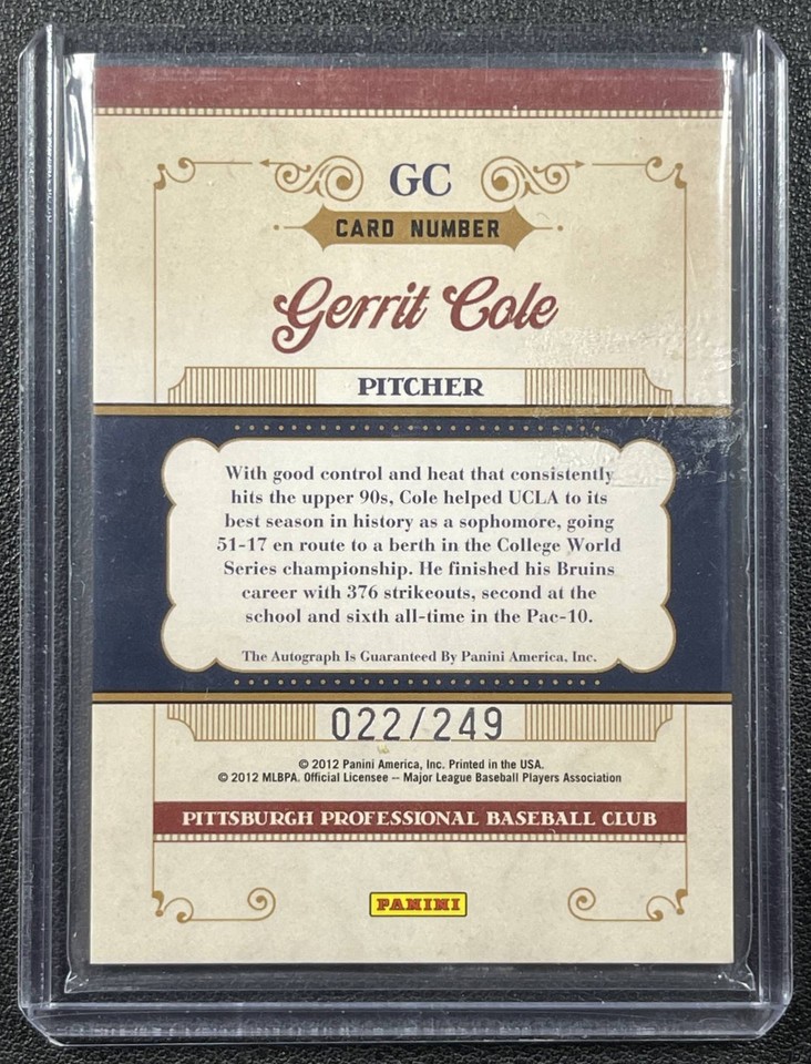 GERRIT COLE 2011 PANINI PRIME CUTS #GC DRAFT PICK SIGNATURES AUTO 22/ ...