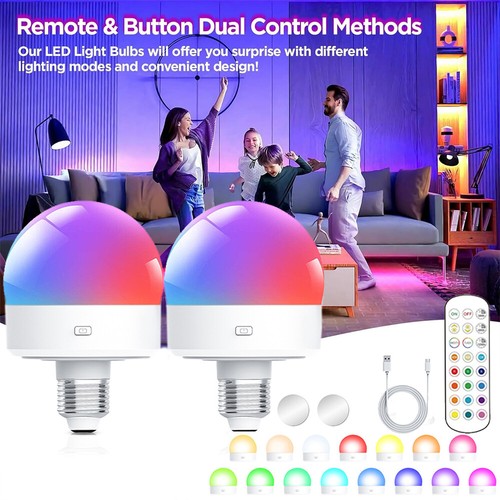 2Pcs USB Rechargeable Light Bulb Remote Control Colorful Dimmable LED ...
