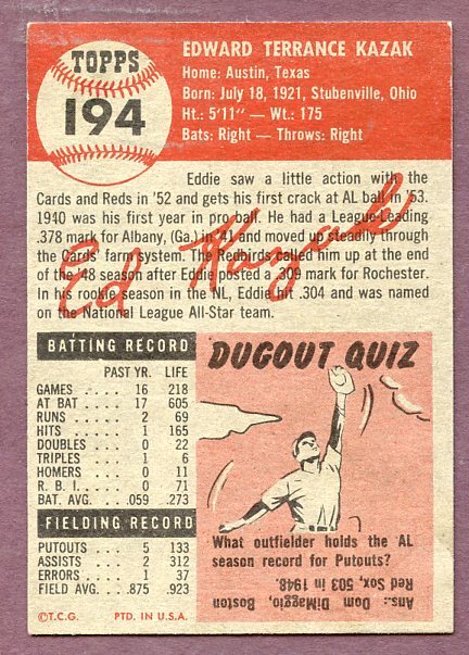 1953 TOPPS #194 EDDIE KAZAK TIGERS EX-MT SET BREAK 448224 (KYCARDS) | eBay