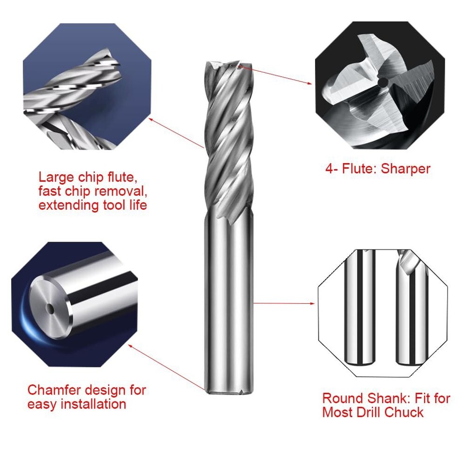 4-Flute End Mill Set, Metric CNC Milling Cutter Drill Bits Router 10Pcs ...