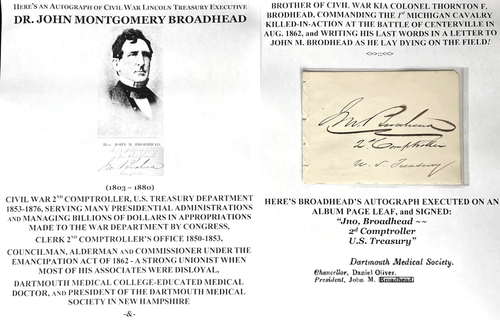 CIVIL WAR COMPTROLLER TREASURY DC POLITICIAN DOCTOR BROADHEAD AUTOGRAPH ...