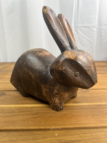 Hand Carved Wooden Rabbit Figurine Folk Art Brass Eyes 7.5" Sculpture ...