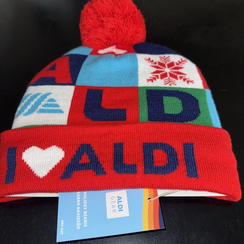 NWT Aldi Grocery Supermarket Store Logo Christmas Winter Beanie Pom Hat ...