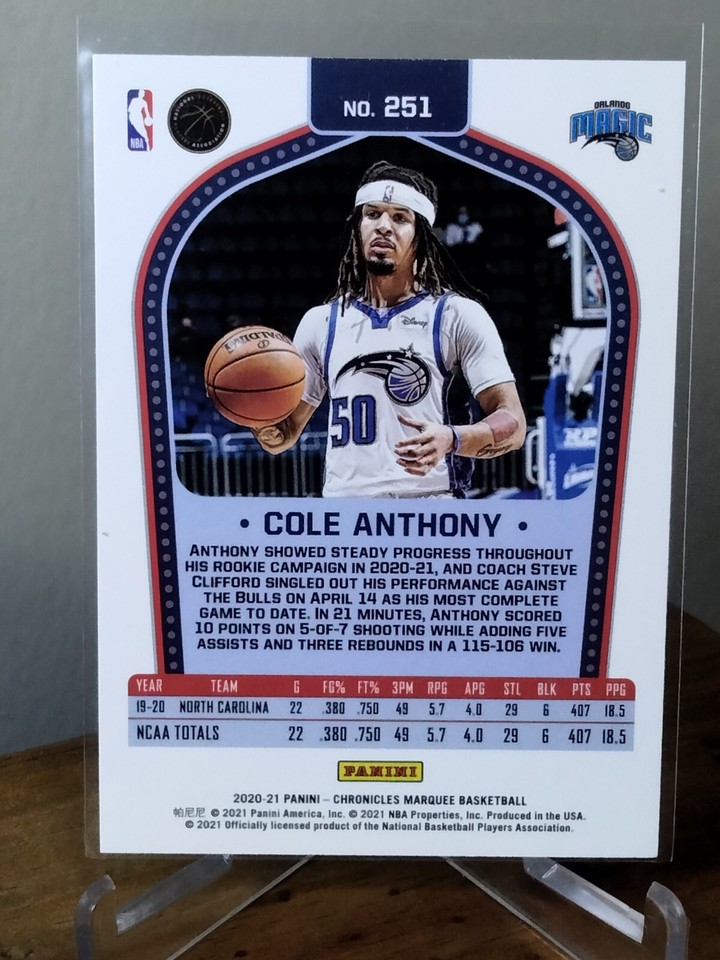 COLE ANTHONY 2020-21 Panini Chronicles MARQUEE HOLO RC #251 Orlando ...