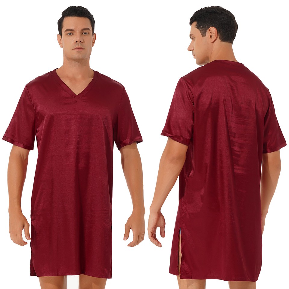 Mens Satin Nightgown Short Sleeve Sleep Shirts Sleepwear Crossdresser ...