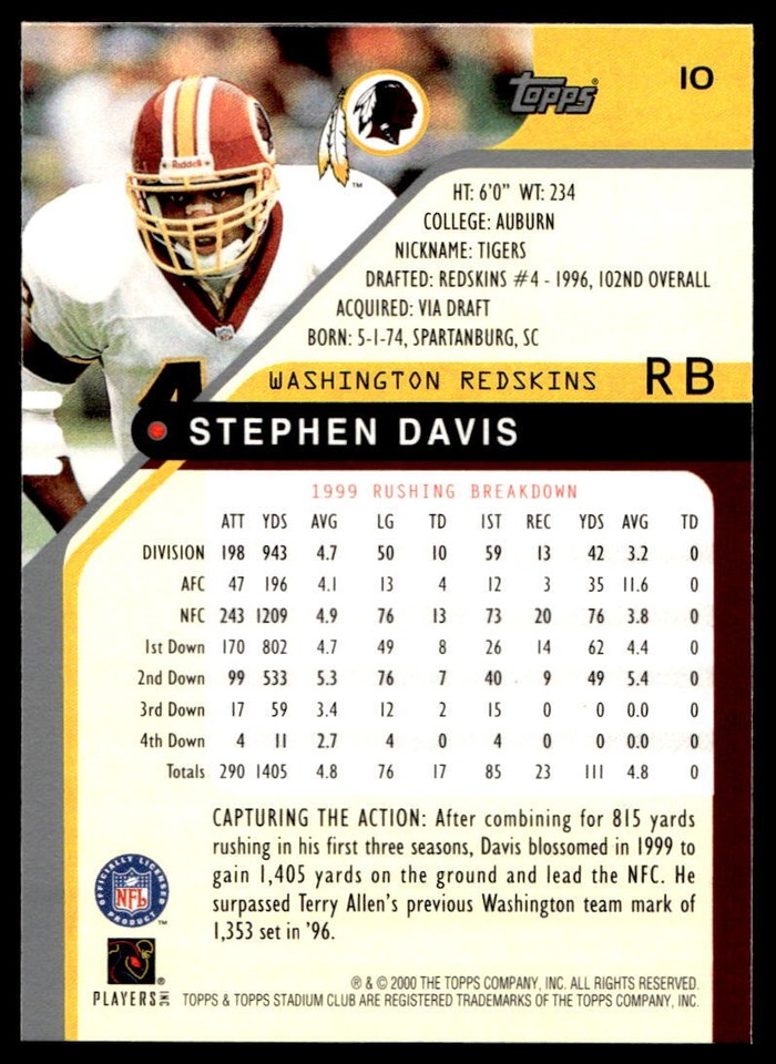 2000 Stadium Club 10 Stephen Davis Washington Redskins Football Card | eBay
