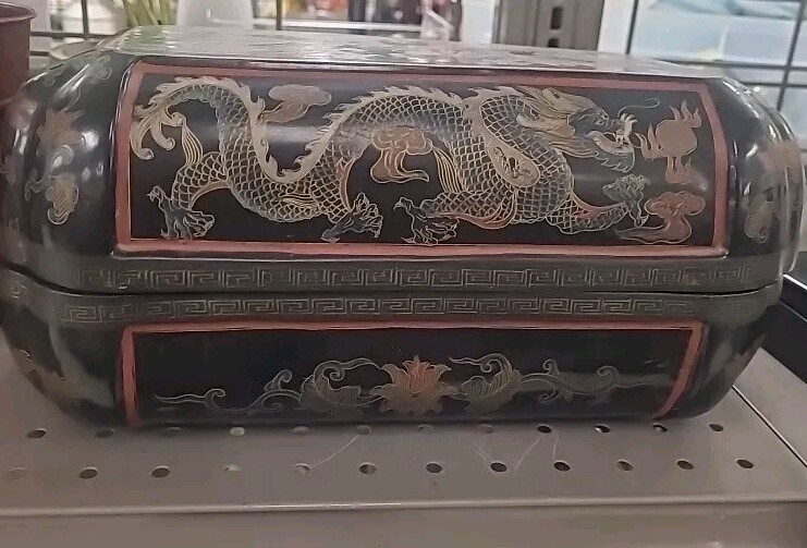 Large Vintage Chinese Black Lacquer Box Decorated with Dragons and ...