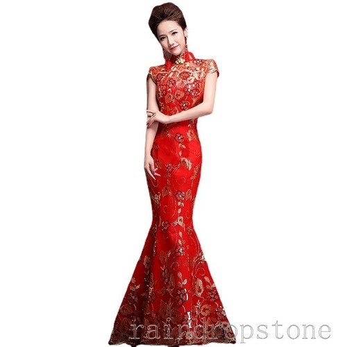 Women Chinese Ball Gown Cheongsam QiPao Fishtail Evening Wedding Long ...