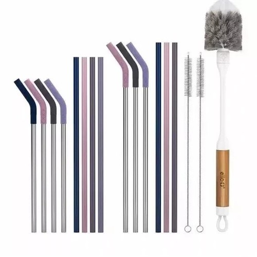 Ello Straw & Bottle Brush Reusable Stainless Steel Silicone Tips Purple ...
