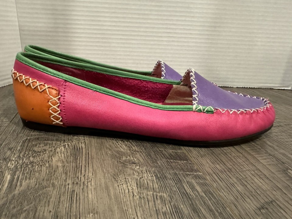 Vtg Ellemenno Women’s Colorblock Flats 8.5 Leather Shoes Loafer Pink ...