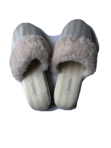 VS Victoria’s Secret Slippers Pink White Stripes Size M Faux Fur Trim ...