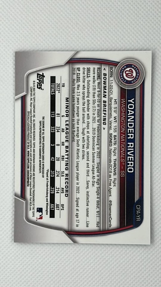 2023 Bowman Chrome Yoander Rivero 1st Auto #/250 PURPLE REFRACTOR ...