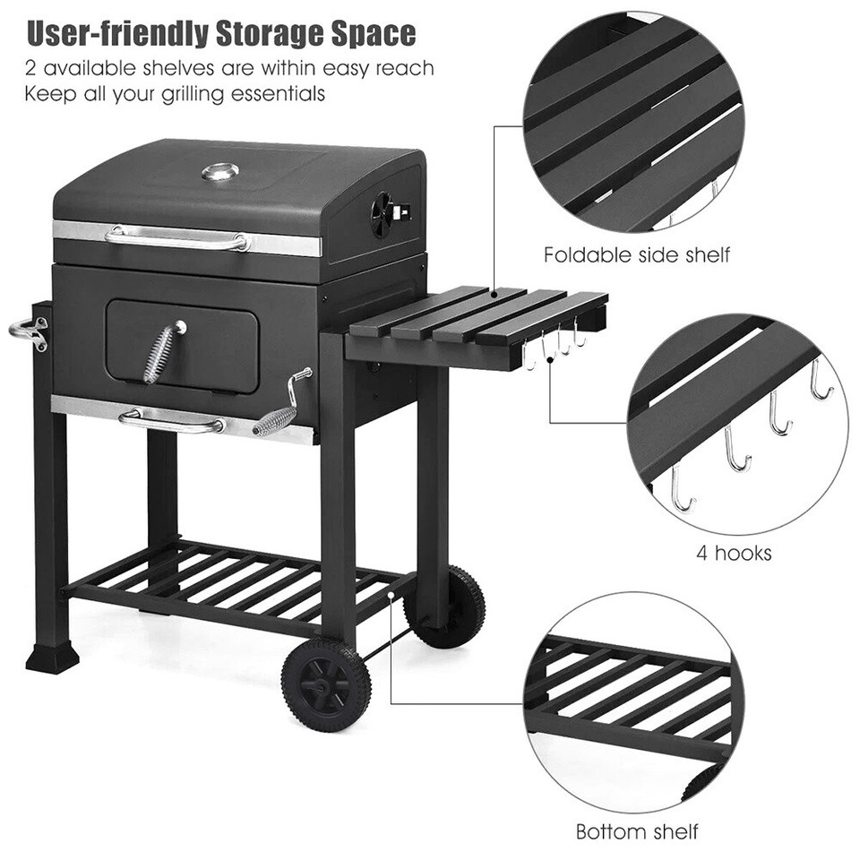 Charcoal BBQ Grill Barbecue Coal Warming Rack Shelves Temperature Gauge ...