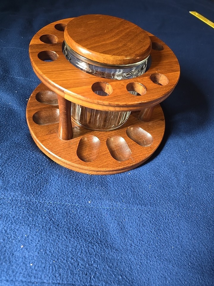 VINTAGE AZTEC WALNUT TOBACCO PIPES(9) HOLDER W/WOOD LID GLASS HUMIDOR ...