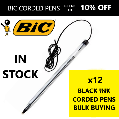 12 x BIC BLACK INK Cristal Pens String Corded 1.0mm 10247 Sent Tracked ...